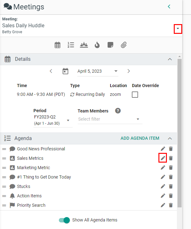 How do I change the Metrics and Priorities displayed in a Meeting?