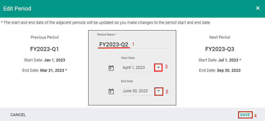 How can I change the period/quarterly dates?