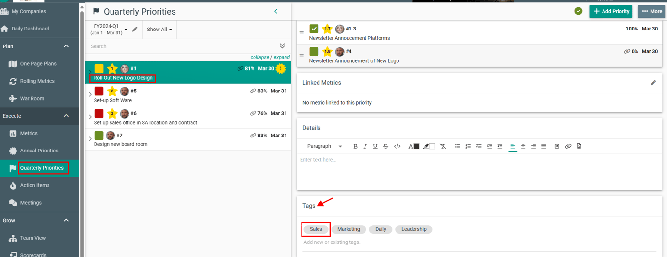 How do I organize Metrics and Priorities in Meetings using Tags?